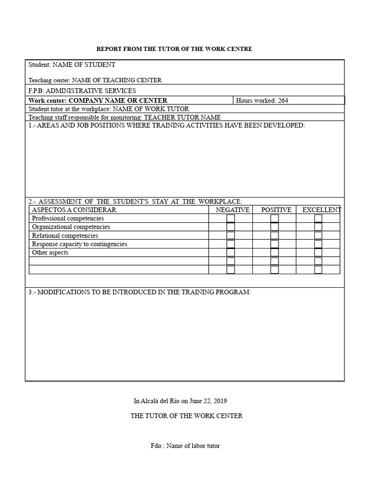Report From The Tutor or Tutor of The Work Center | PDF