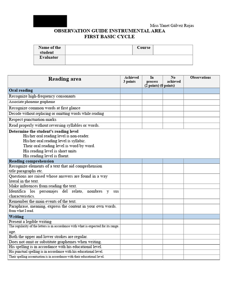 Observation Guideline First Cycle (Instrumental Area) | PDF | Word ...
