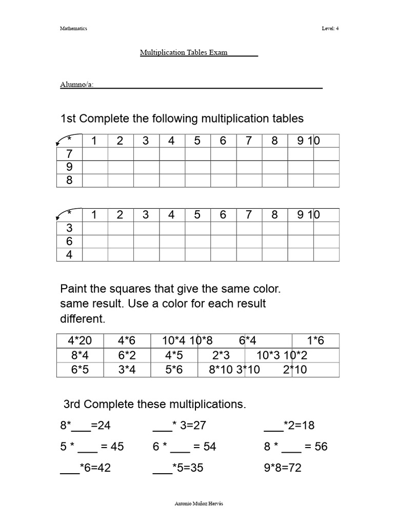 Level 4 Multiplication Tables Exam | PDF