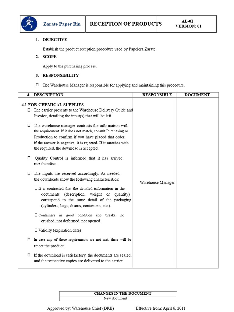 AL-01 Product Reception Procedure | PDF | Warehouse