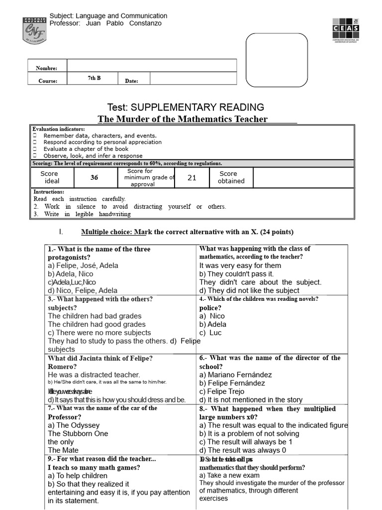 The Murder of The Mathematics Teacher | PDF | Multiple Choice