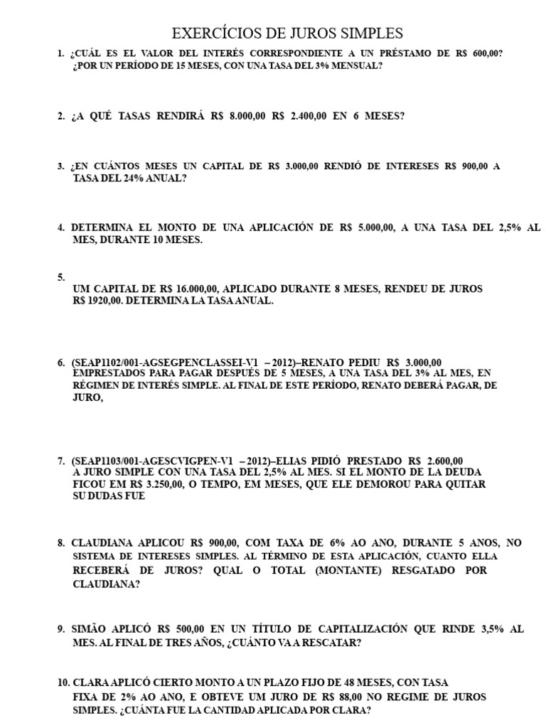 Intereses Simples Ejercicios 1 | PDF | Interés | Economias