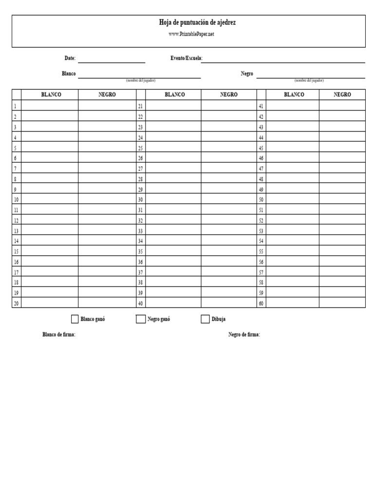 Hoja de Puntuación de Ajedrez PDF | PDF