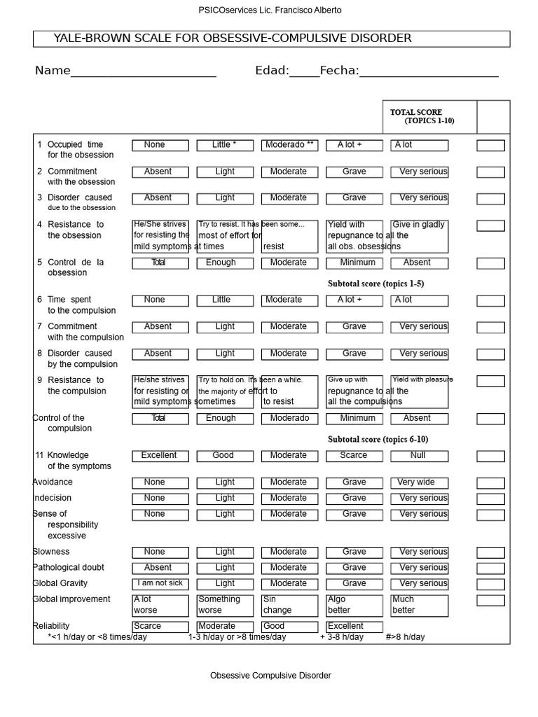 Yale Brown Scale TOC | PDF | Obsessive–Compulsive Disorder | Disability