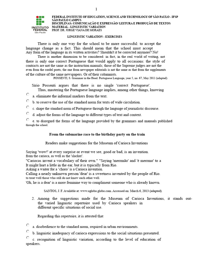 Linguistic Variation - Exercises | PDF | Linguistics | Lexicon