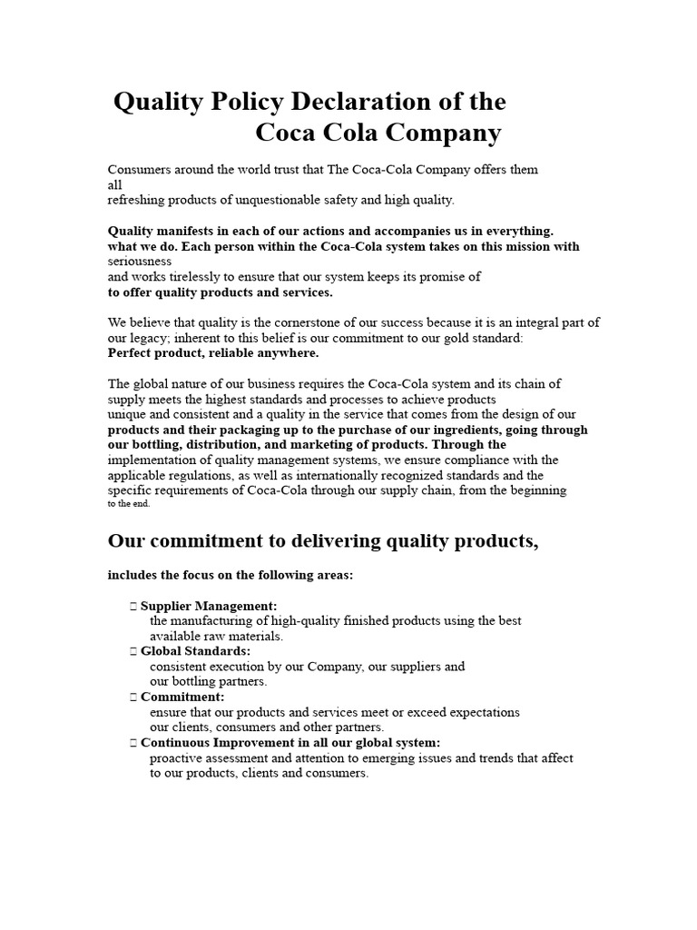 Coca Cola Company's Quality Policy Statement | PDF | Food Safety | Safety