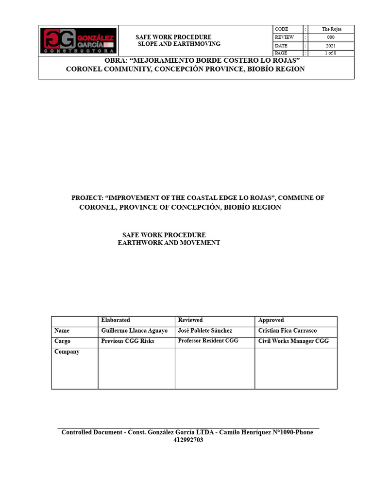 1.- SAFE WORK PROCEDURE FOR EARTHWORK AND SLOPE MOVEMENT | PDF ...