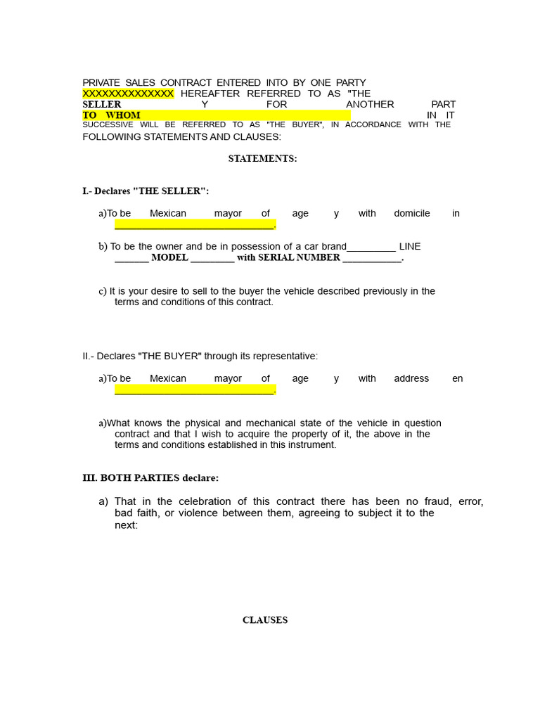 Draft Private Vehicle Sale Contract | PDF | Sales | Business Law