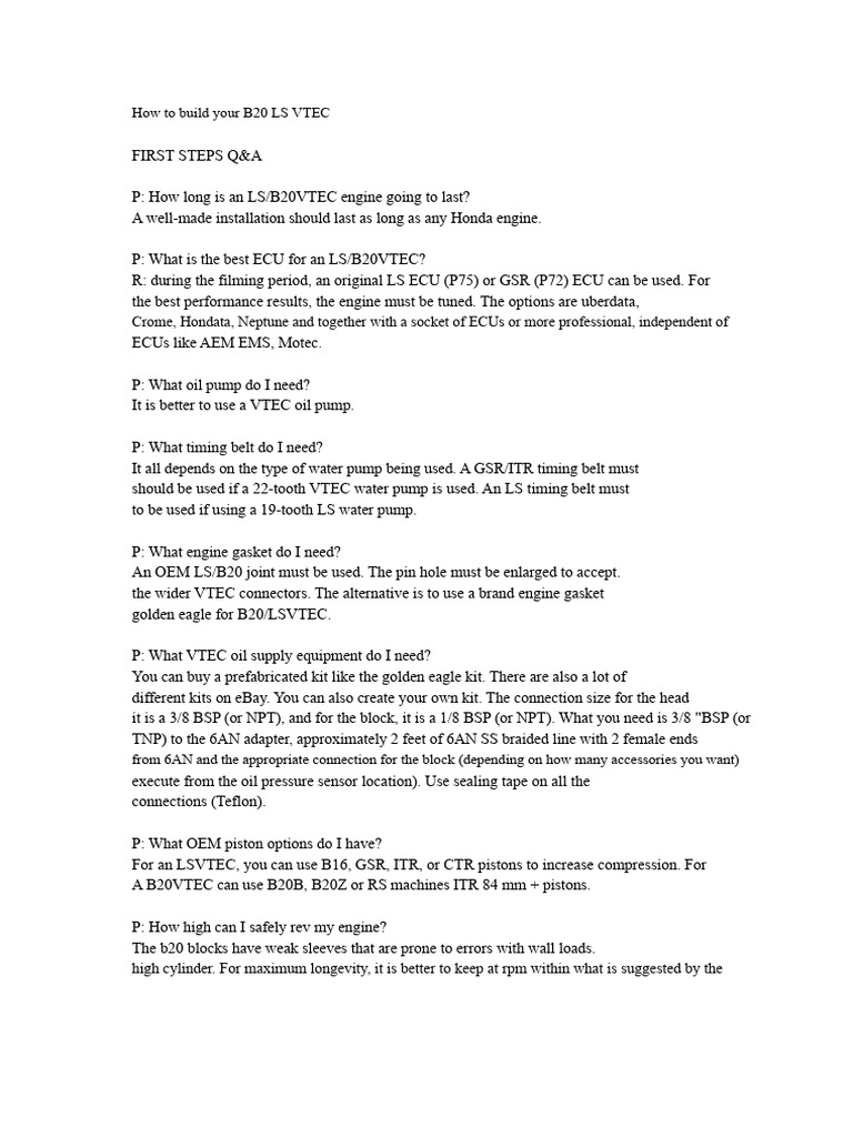 Building Your B20 LS VTEC Engine Guide | PDF | Screw | Vehicle Parts