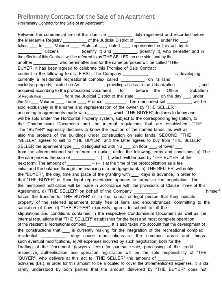 Preliminary Contract For The Purchase and Sale of An Apartment | PDF ...