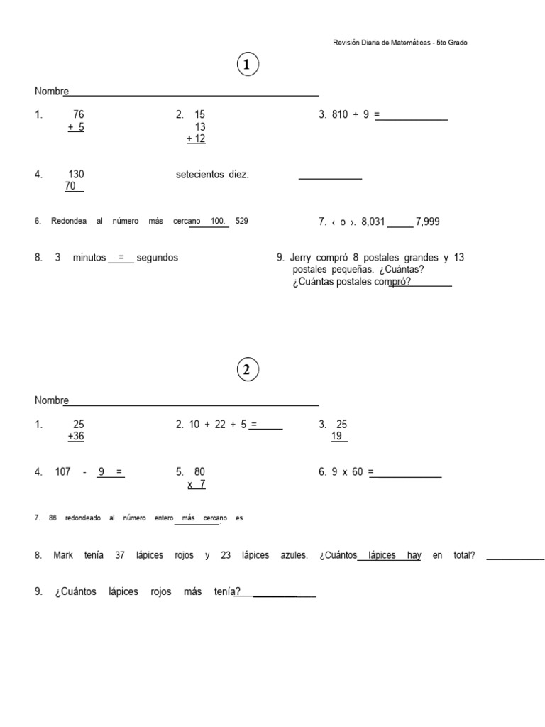 Revisión Diaria de Matemáticas - 5to Grado | PDF