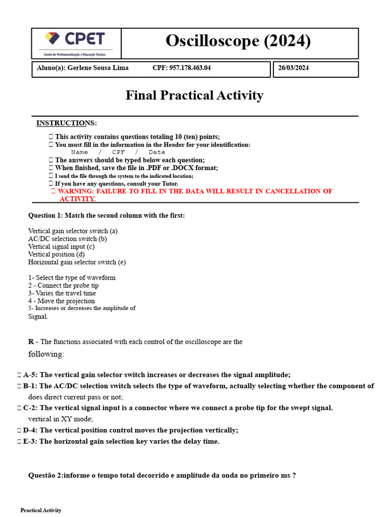 Final Practical Activity 2023 Oscilloscope | PDF | Amplitude | Electricity