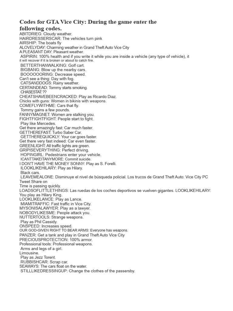 GTA Vice City Cheat Codes Guide | PDF
