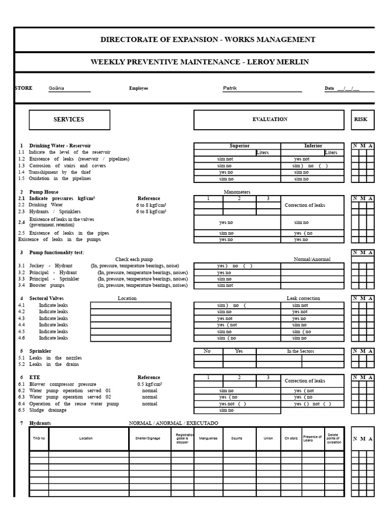 Weekly Preventive Maintenance Checklist | PDF | Fire Sprinkler System ...