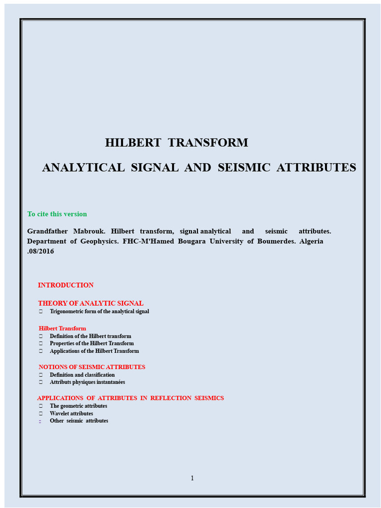 Hilbert Transform, Analytic Signal and Seismic Attributes | PDF ...