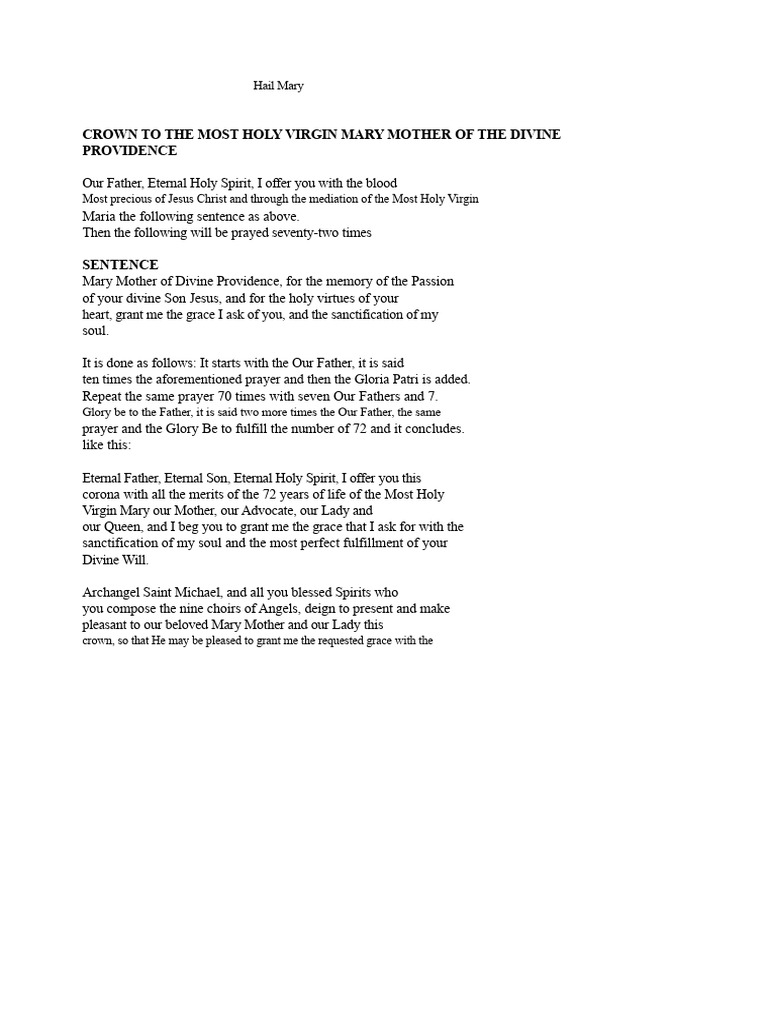 Rosary To The Most Holy Virgin Mary Mother of Divine Providence | PDF ...