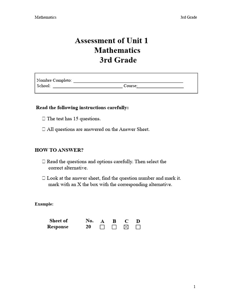 Test (Mathematics Third Grade Unit 1) Unit 1 | PDF | Numbers | Mathematics
