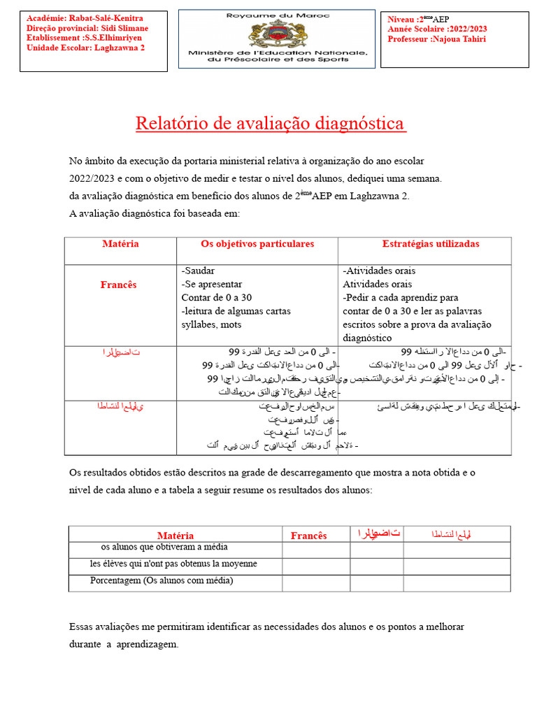 Avaliação Diagnóstica 2º AEP Francês | PDF