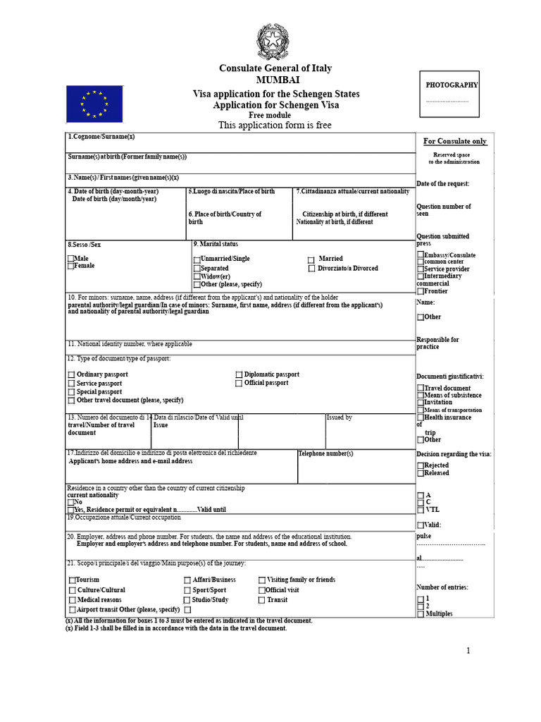 Schengen Visa Application Form Italy | PDF | Travel Visa | Government And Personhood