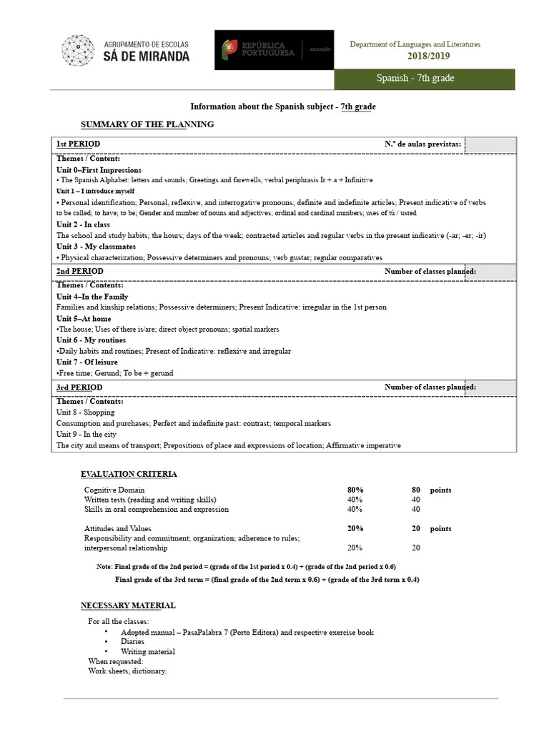 Spanish Planning 7th Year of Schooling PDF | PDF | Pronoun | Verb