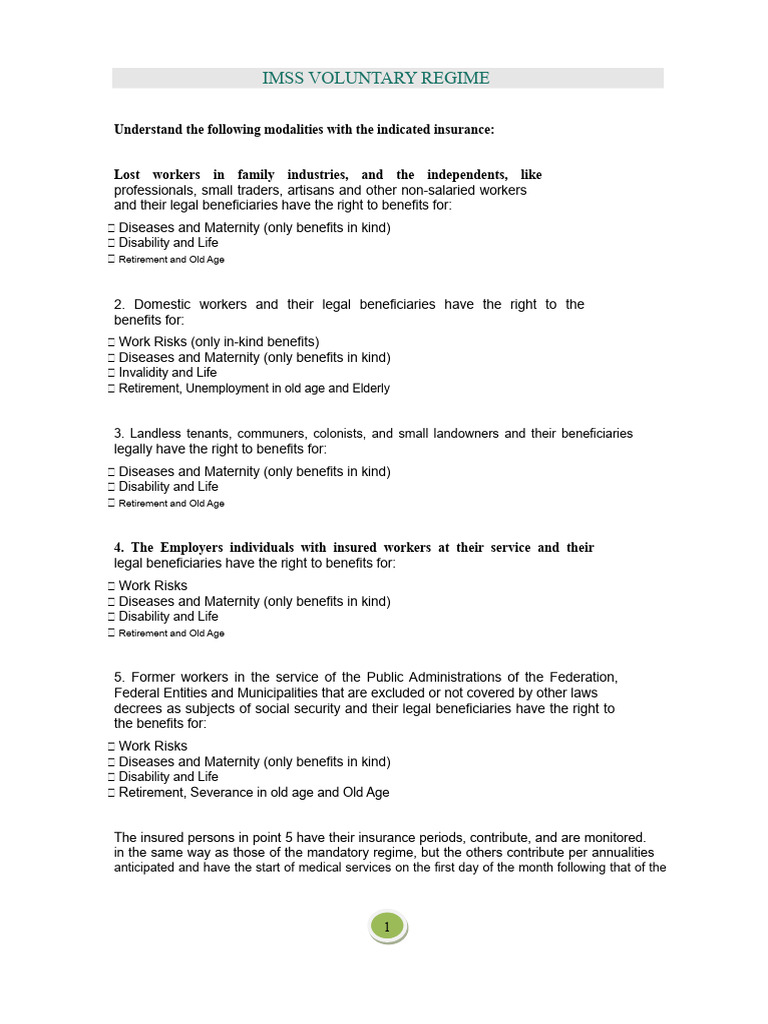 IMSS Voluntary Regime Benefits Guide | PDF | Social Security (United ...