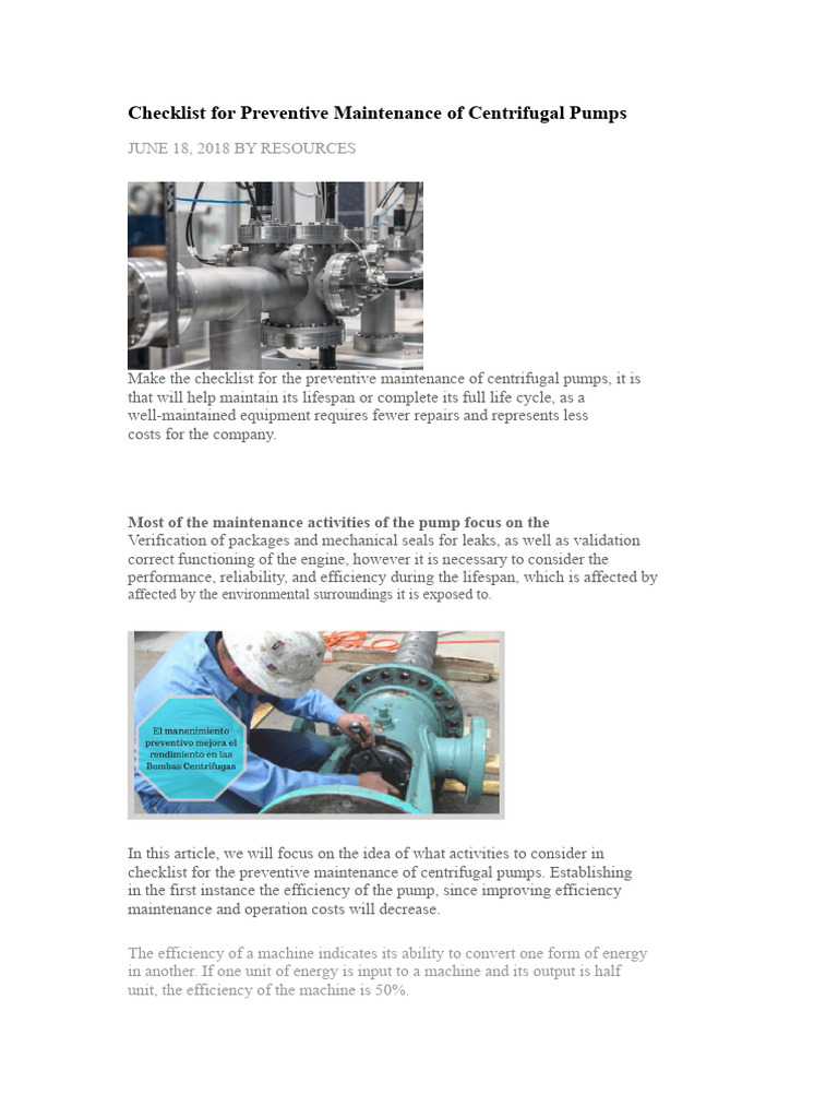 Checklist For The Preventive Maintenance of Centrifugal Pumps | PDF ...
