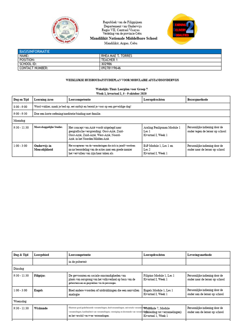 Wekelijks Thuis Leerplan Voor Groep 7 Week 1 | PDF