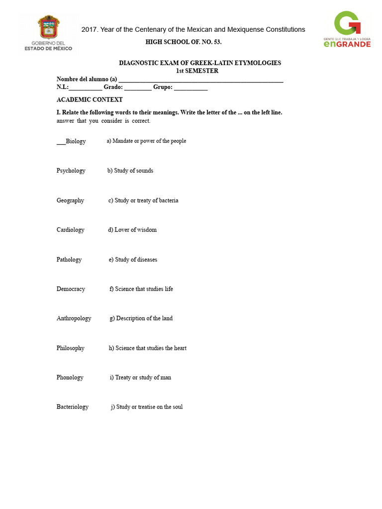 Diagnostic Exam of Etymologies | PDF