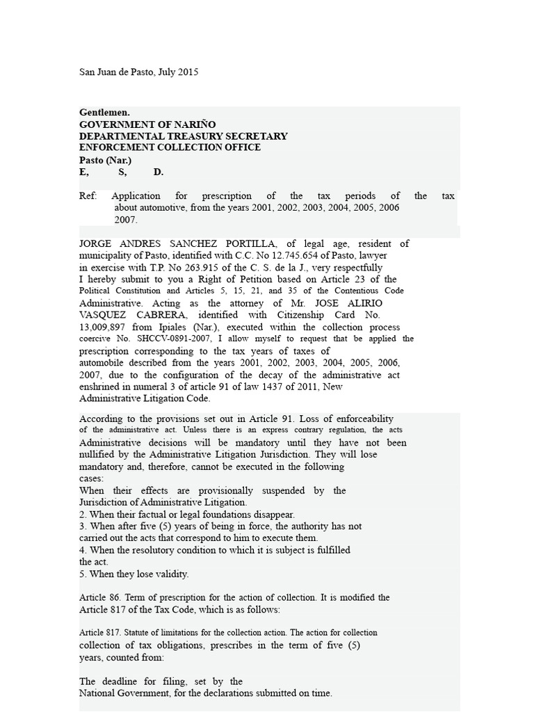 Application for Vehicle Tax Prescription | PDF | Statute Of Limitations ...