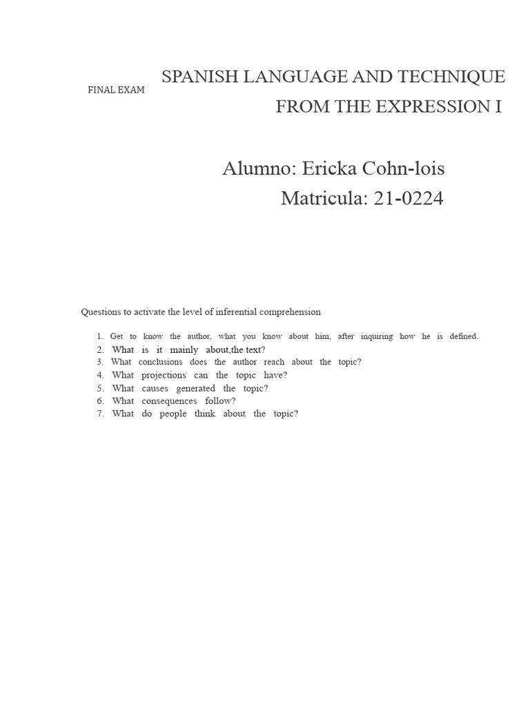 Final Examination Spanish Language and Technique of Expression I | PDF ...