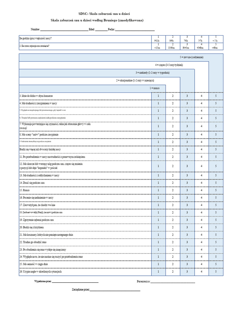SDSC - Skala Zaburzeń Snu Dla Dzieci - Format v1 | PDF