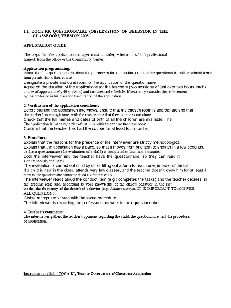 TOCA-R Classroom Behavior Assessment Guide | PDF | Teachers | Questionnaire
