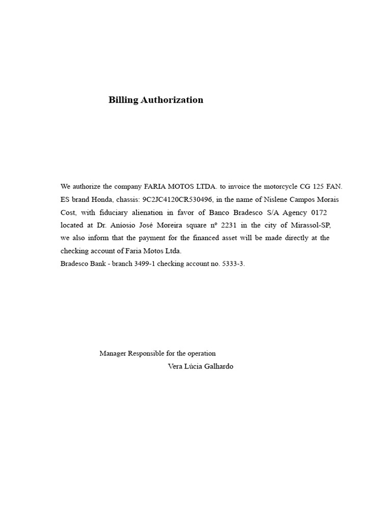 Billing Authorization for Honda Motorcycle | PDF