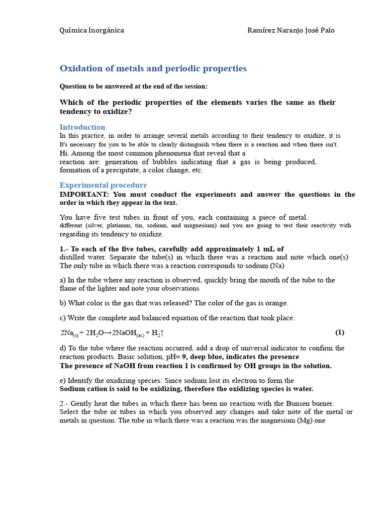 Metal Oxidation and Reactivity Analysis | PDF | Chemical Reactions | Redox
