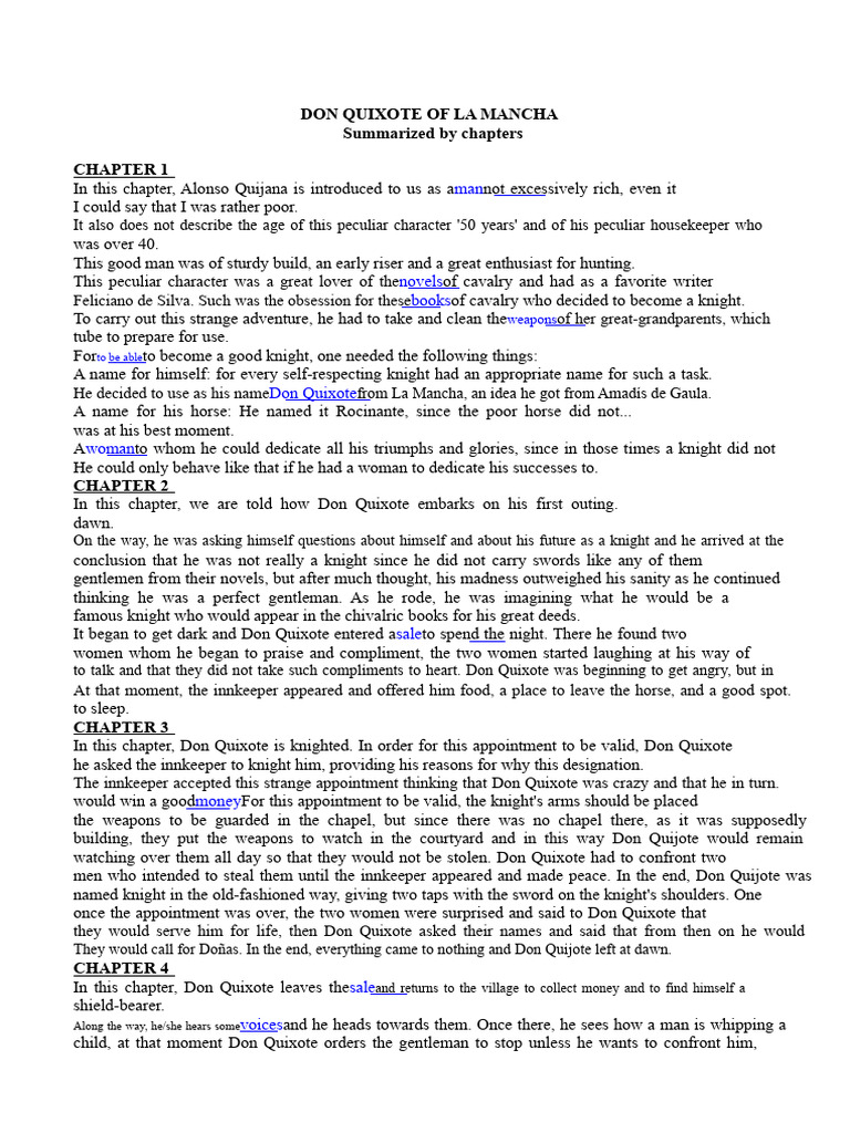 Don Quixote Chapter Summaries | PDF | Don Quixote