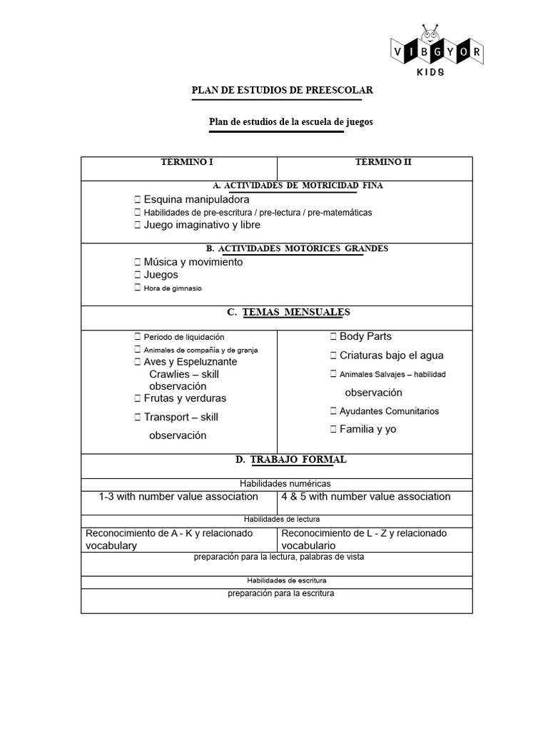 Plan de Estudios de Preescolar | PDF