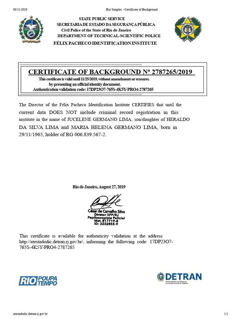 Rio Simples - Certificate of Background Check | PDF