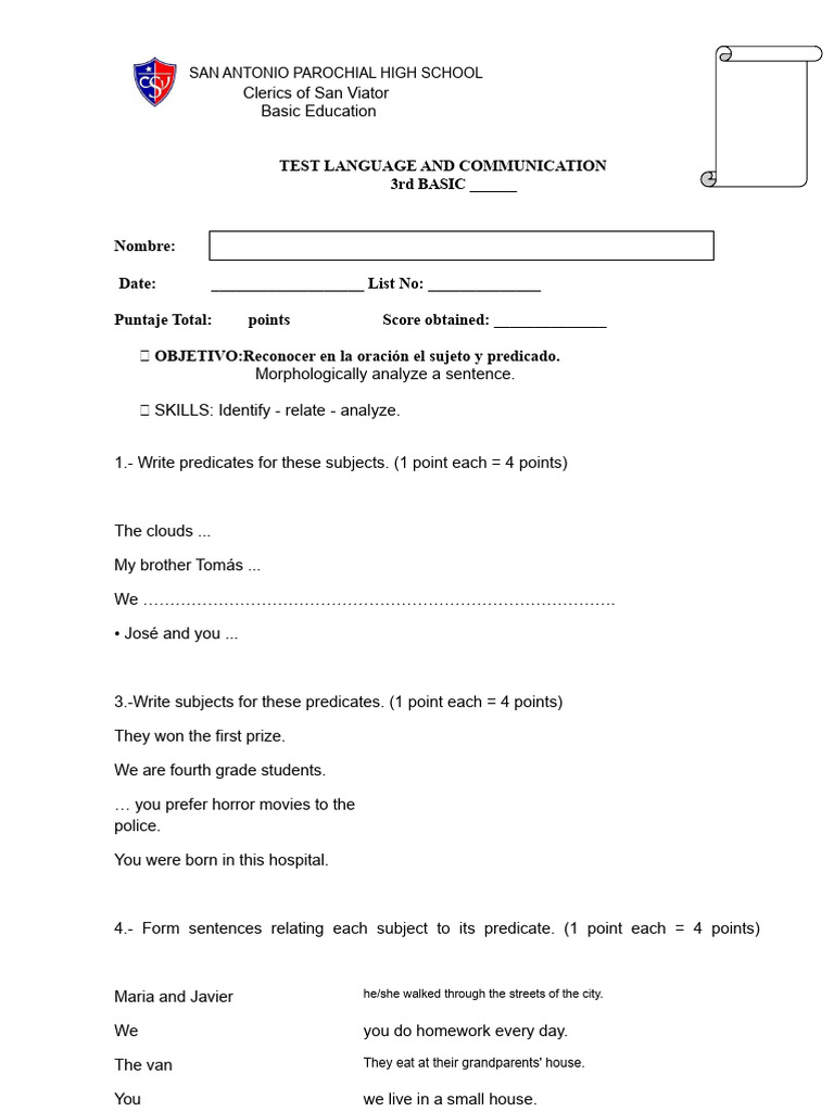 Subject and Predicate Test | PDF