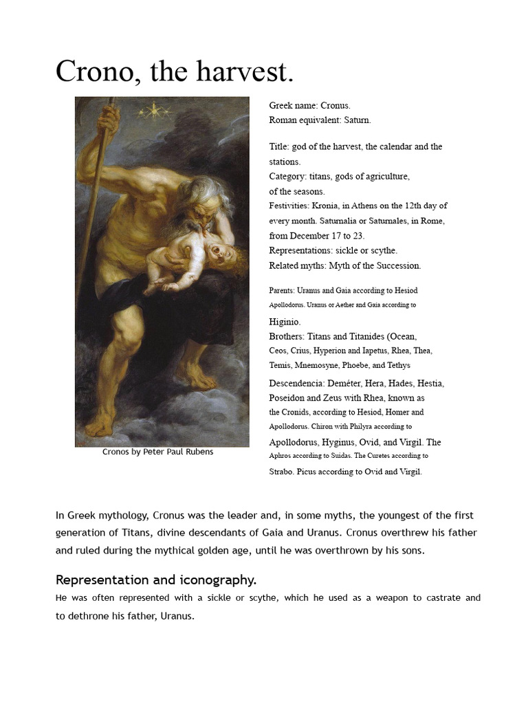 Cronus/Saturn | PDF | Zeus | Twelve Olympians