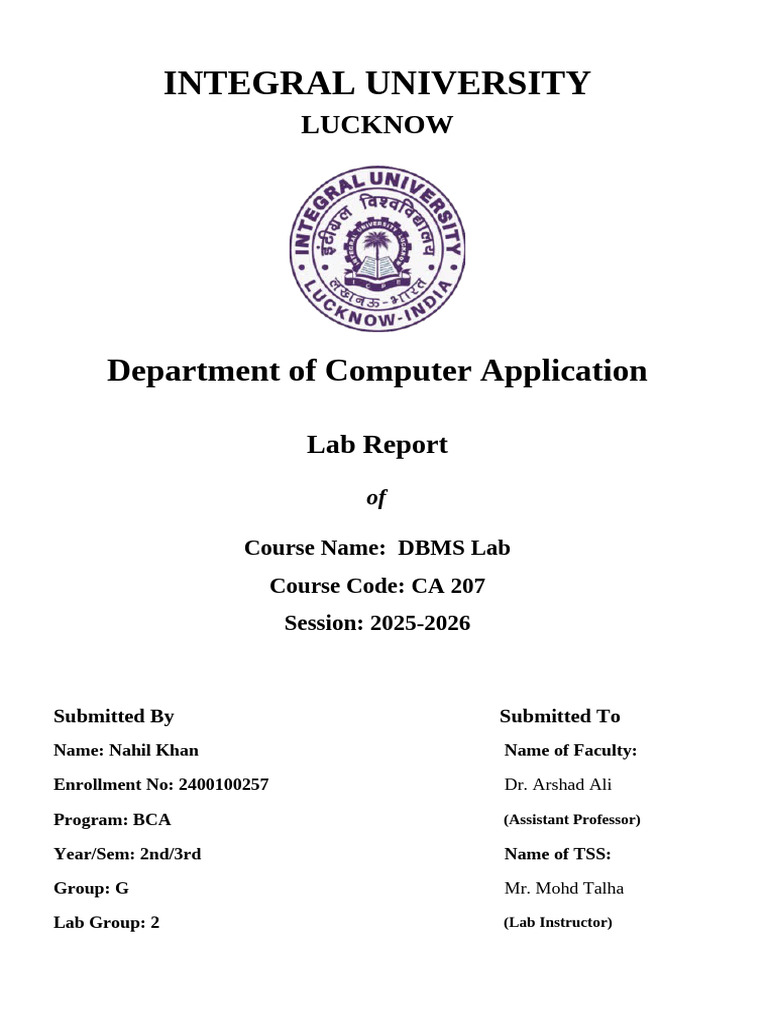Dbms Lab Front Page | PDF
