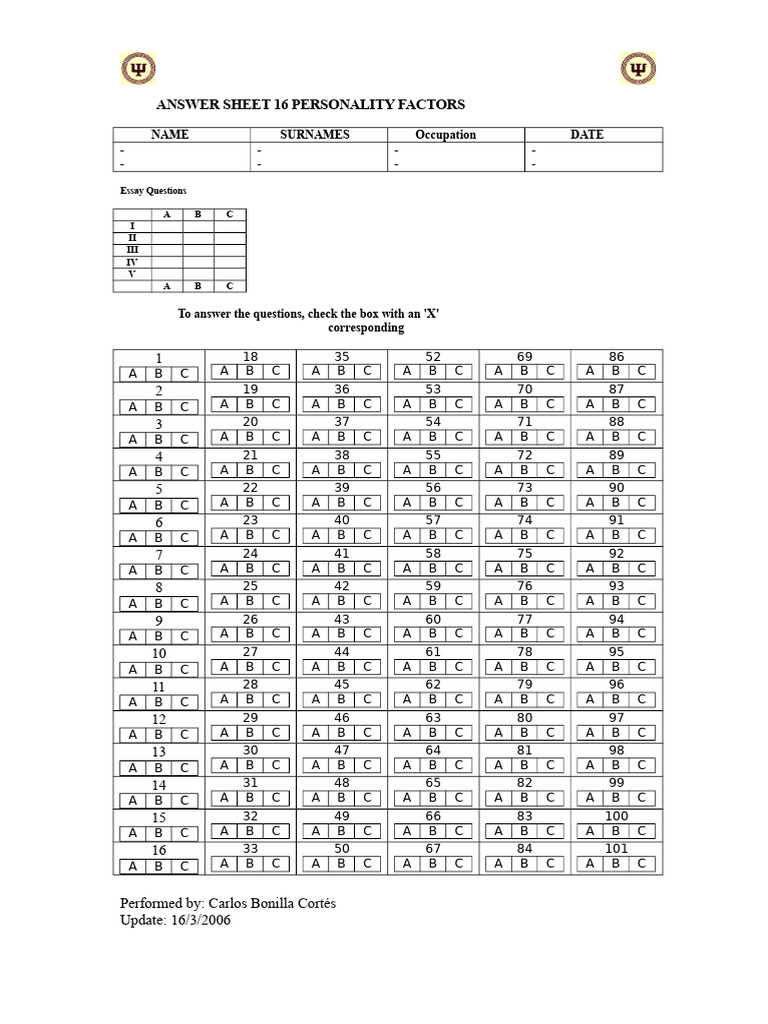 16 Personality Factors Answer Sheet | PDF
