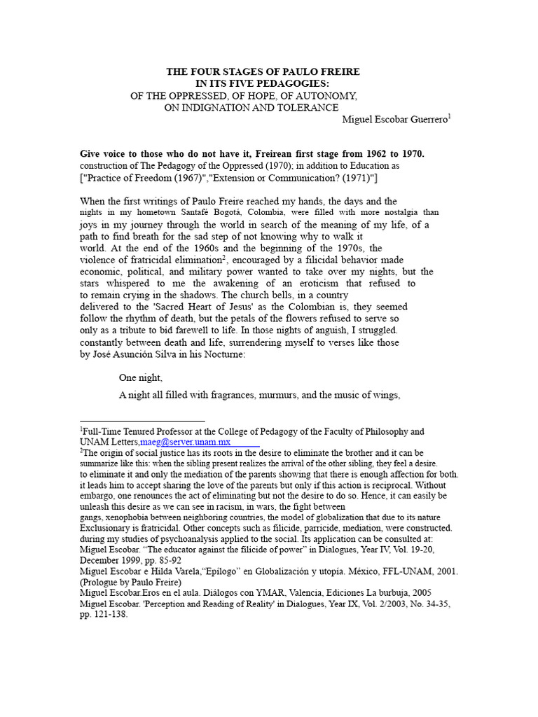 The Four Stages of Paulo Freire in Its Five Pedagogies | PDF ...