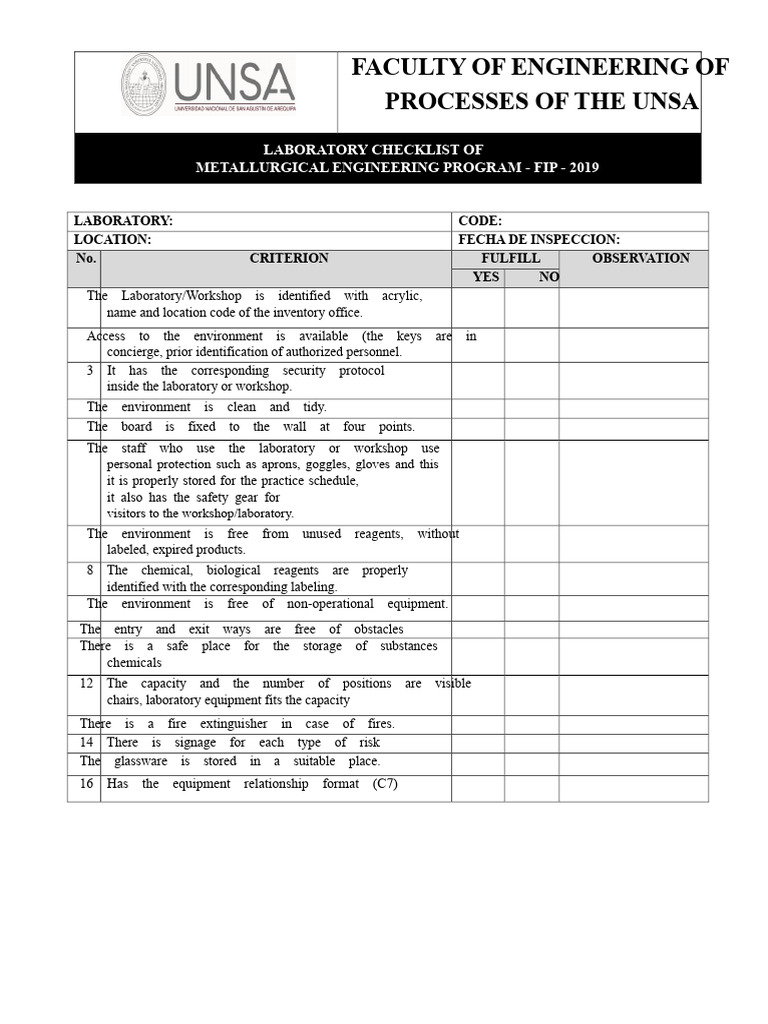 Metallurgical Engineering Lab Checklist | PDF