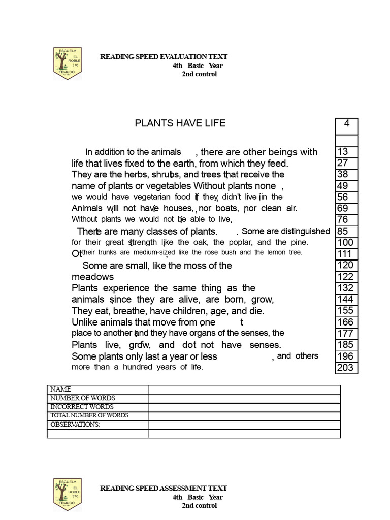 Reading Speed Evaluation: Plant Life | PDF | Plants | Shrub