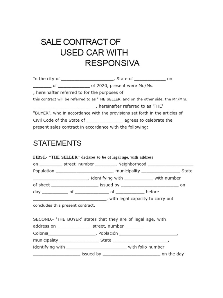 Used Car Sales Contract With Responsibility | PDF | Sales | Taxes