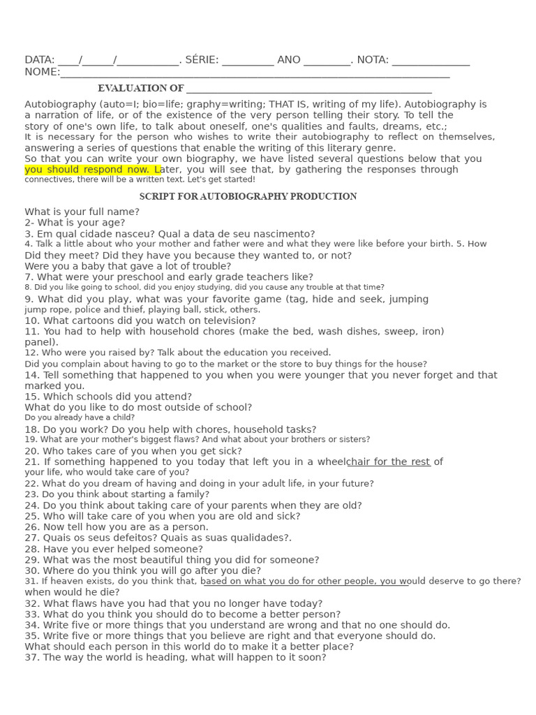 Autobiography Writing Guide: Key Questions | PDF