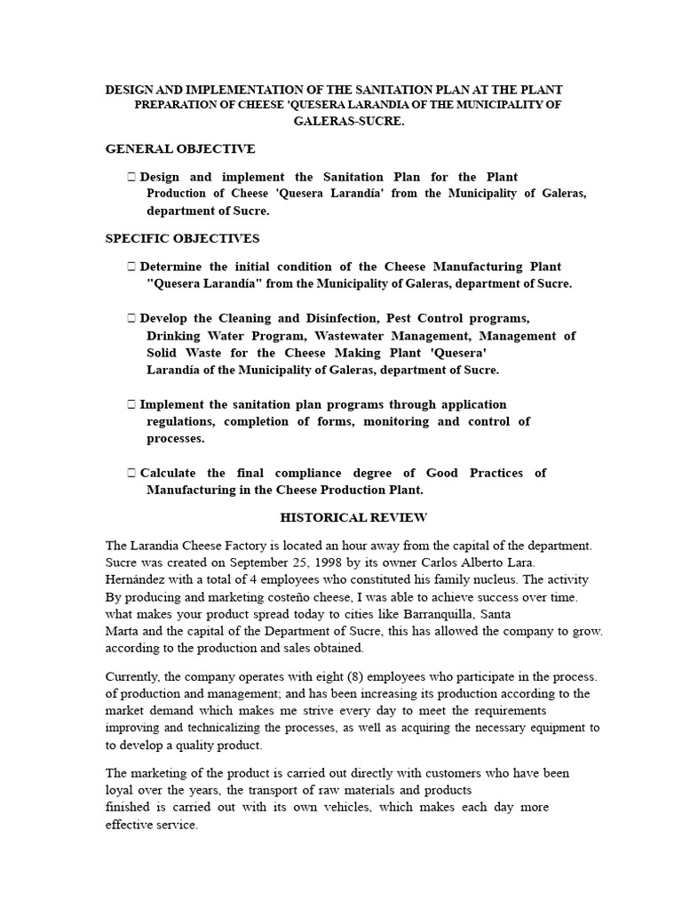 Sanitation Plan for Quesera Larandía Cheese | PDF | Dairy Products
