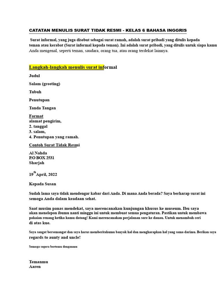 Panduan Menulis Surat Informal Kelas 6 | PDF