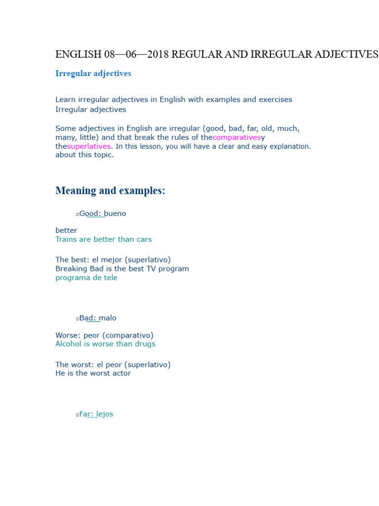 Regular and Irregular Adjectives in English | PDF | Linguistics ...