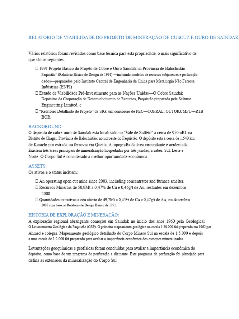 Relatório de Viabilidade do Projeto de Mineração de Cobre e Ouro de ...